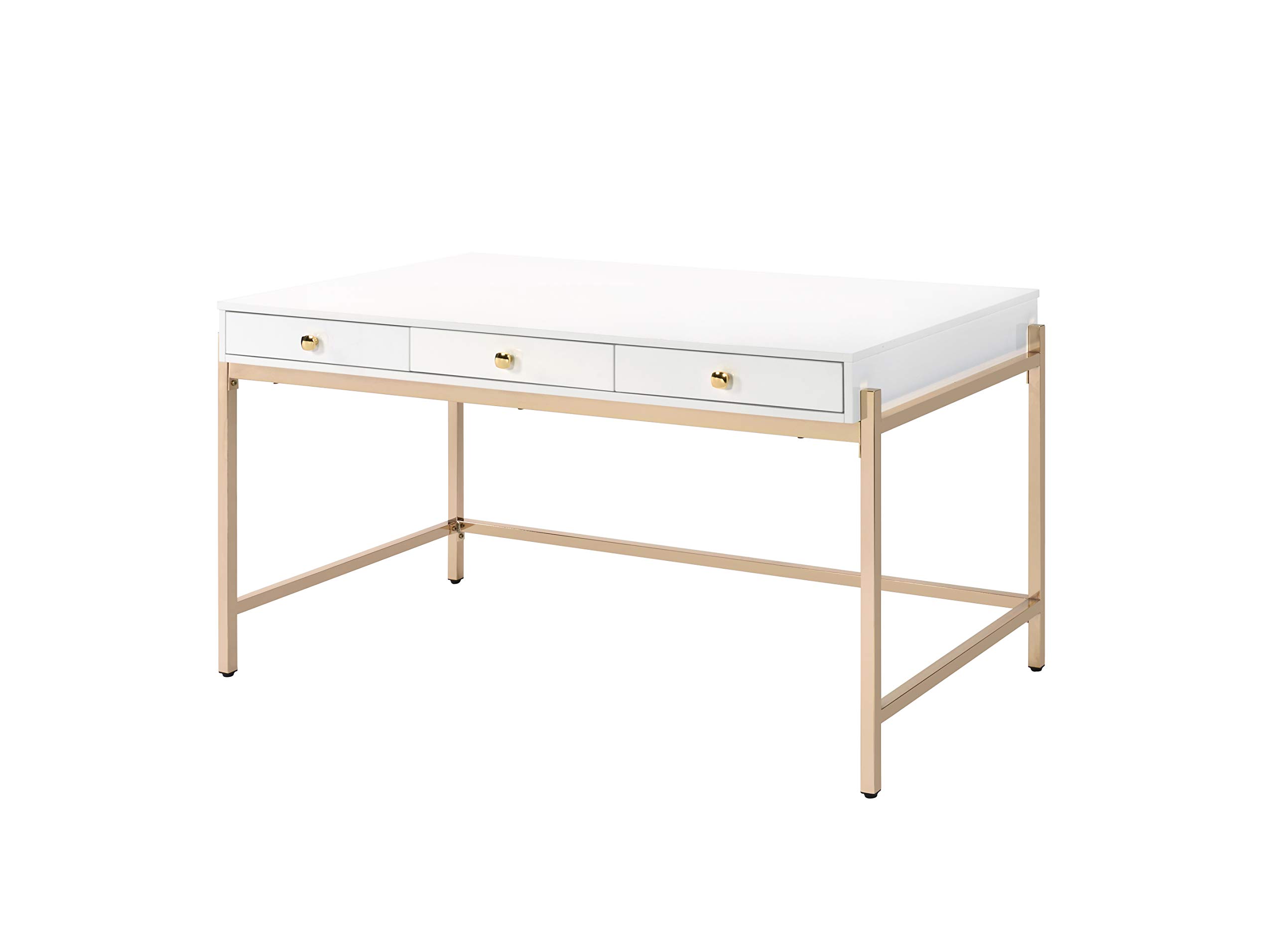 Acme Ottey Wooden Top Writing Desk with 3 Drawers in White High Gloss and Gold