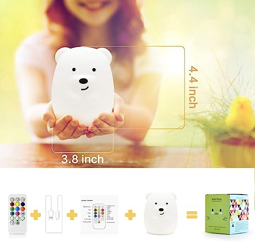 PAMANO LED Nursery Night Lights for Kids -USB Rechargeable Cute Animal Silicone Lamps with Touch Sensor and Remote Control -Portable Color Changing Glow Soft Cute Baby Infant Toddler Gift (Bear)