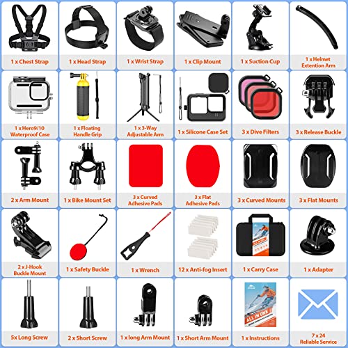 HONGDAK Action Camera Accessories Kit for GoPro Hero 11 10 9 Black, Waterproof Housing+Silicone Case+3-Way Adjustable Arm+Head Chest Wrist Strap+Bike Mount+Suction Cup+Floating Grip Bundle Set 63 in 1