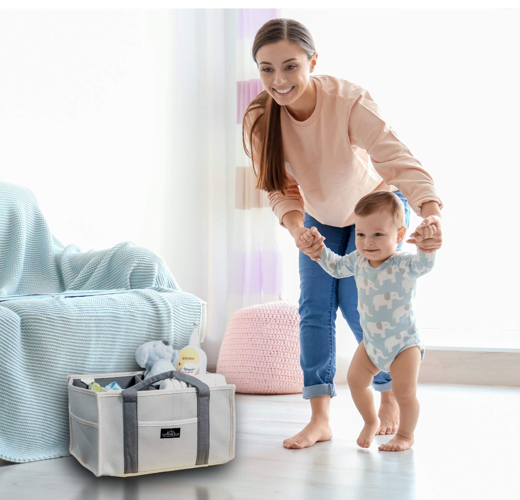 Cottage Lane Hanging Diaper Stacker Plus Caddy, 2 Piece Set, Gray Gender Neutral Cotton Canvas, Stylish Nursery Diaper Organization, Shower Gift