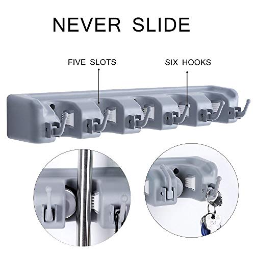 Mop Broom Holder, Garden Tools Wall Mounted Commercial Organizer Saving Space Storage Rack for Kitchen Garden and Garage,Laundry Offices(5 Position with 6 Hooks)