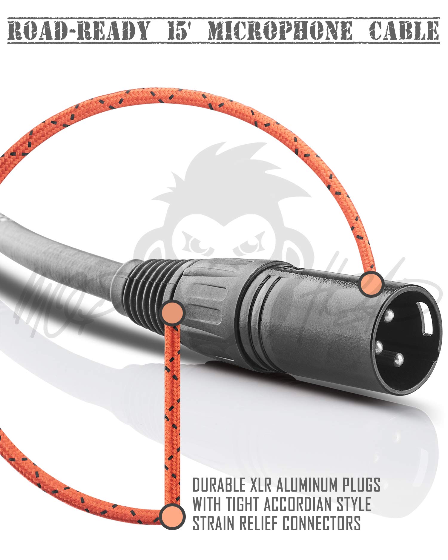 Mophead 15-Foot Balanced XLR Microphone Cable - 3-Pin XLR Male to XLR Female Pro Grade Double Insulated Tweed Braided (Red and Black Stripes)