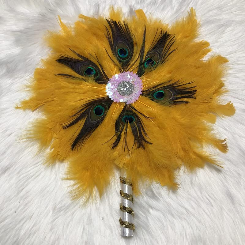 African Handmade Fan Lady Feather Fan for Wedding with Sequins Single Side Handle Fans Art Craft Gift Wedding Party Decoration