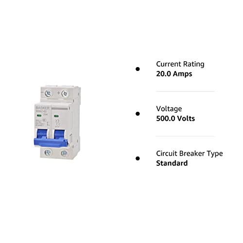 BASKER DC Circuit Breaker, 20Amp 2 Poles 500V Solar Disconnect Switch for Solar PV System Solar Panels Grid System, DIN Rail Mount, DC Breaker MCB (20A)