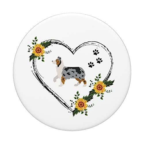 Australian Shepherd With Sunflower Heart On White PopSockets Swappable PopGrip
