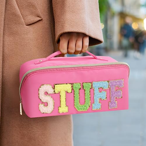 Futuredream Makeup Bag - Large Capacity Travel Cosmetic Bag, Portable Nylon Waterproof Women Travel Makeup Bag Organizer,With Handle And Divider Letter Patch Cosmetic Bag Rose Red