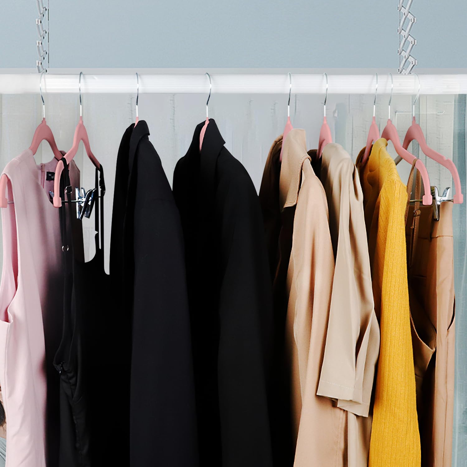 ManGotree Trouser Hangers with Movable Clips, Non-Slip Velvet Clothes Hangers, Space-Saving Skirt Hangers for Shirts, Pants, Dresses, Skirts, Coats (18 Pack, Pink)