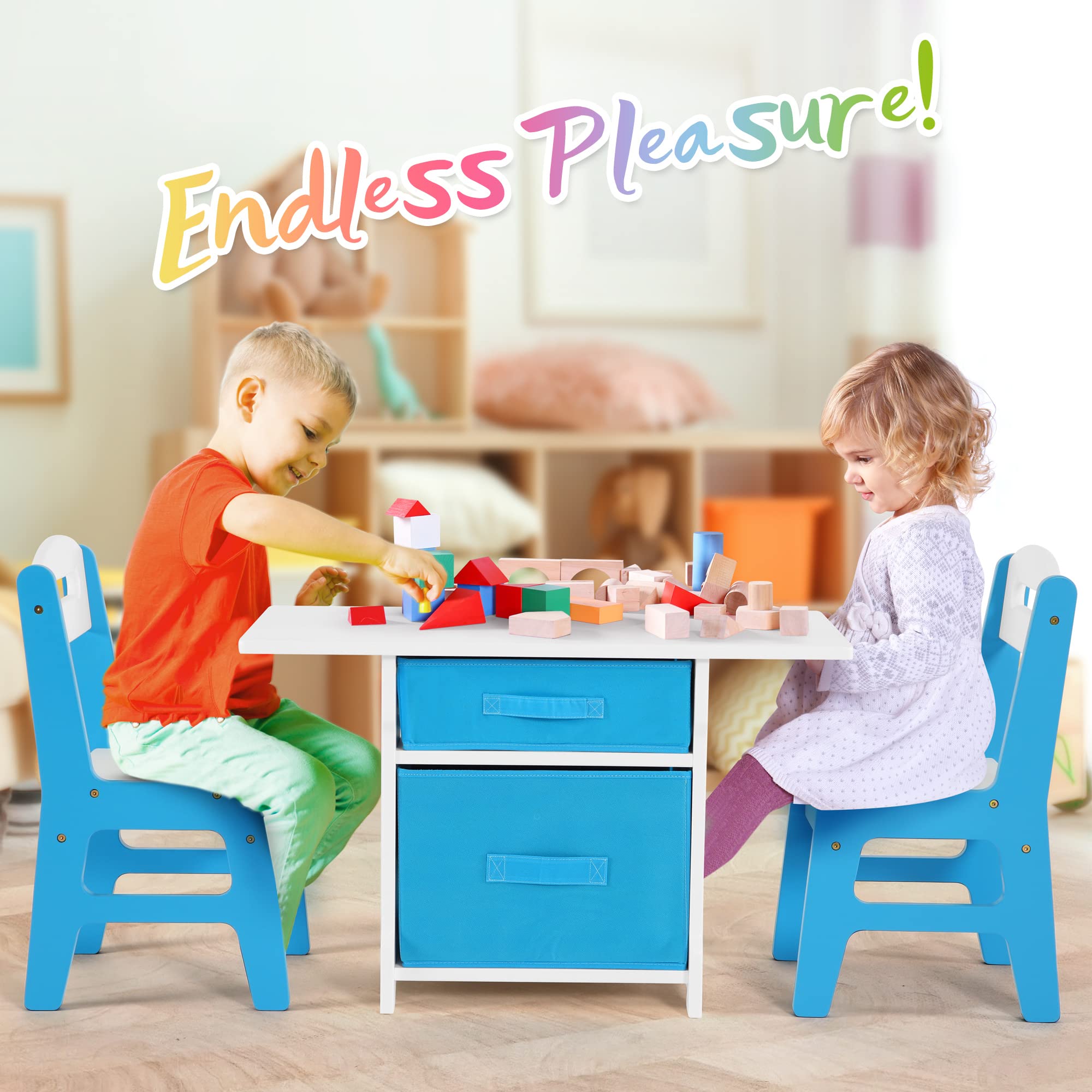 Bateso Kids Table & Chair Set, Toddler Table and Chairs Set with Storage, Kids Table and 2 Chairs with Storage for Learning, Teaching, Eating, Playing, Kindergarten, Living Room