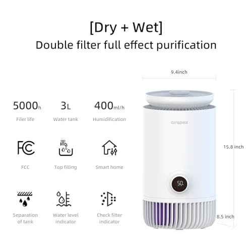 AIRAPEX 2 in 1 Air Purifier and Evaporative Humidifier Combo for Bedroom, H13 True HEPA Filter, Cool Mist-Free Air Humidifier T3-Silver Button