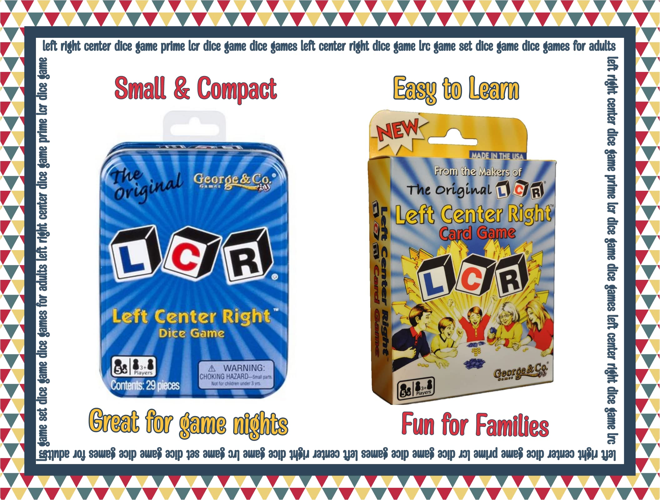 George & Company LCR Left Right Center Dice Game Prime 2-Pack Bundle | Original LCR Left Center Right Dice Game (Blue Tin) + New LCR Card Game | George and Company Left Center Right Game
