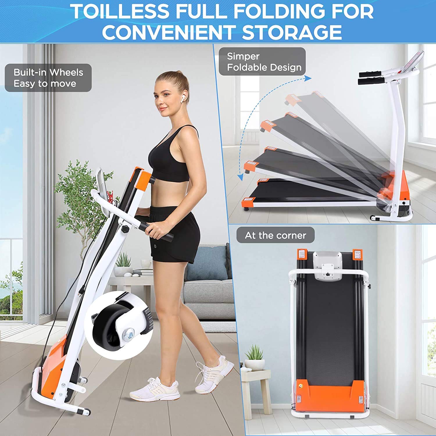 Aceshin Folding Treadmill for Home Gym Electric Compact Treadmills Foldable Walking Jogging Running Machine with LCD Monitor,Pulse Grip and 12 Preset Program Space Saving Installation-Free, Orange