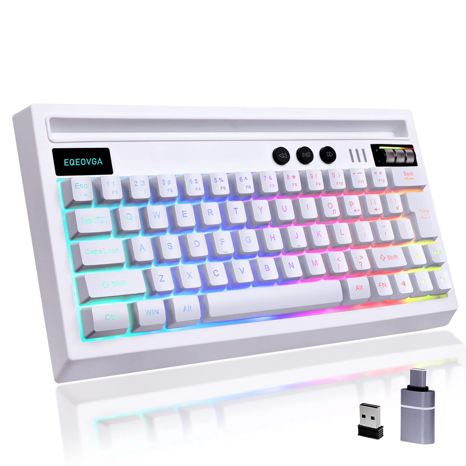 EQEOVGA L640 60% Wireless Gaming Keyboard,3300mAh Battery 2.4G Wireless Stand Design，RGB Backlit Waterproof Mini Compact 63 Key for PC/Mac Gamer, Typist, Travel, Easy to Carry on Business Trip(White)
