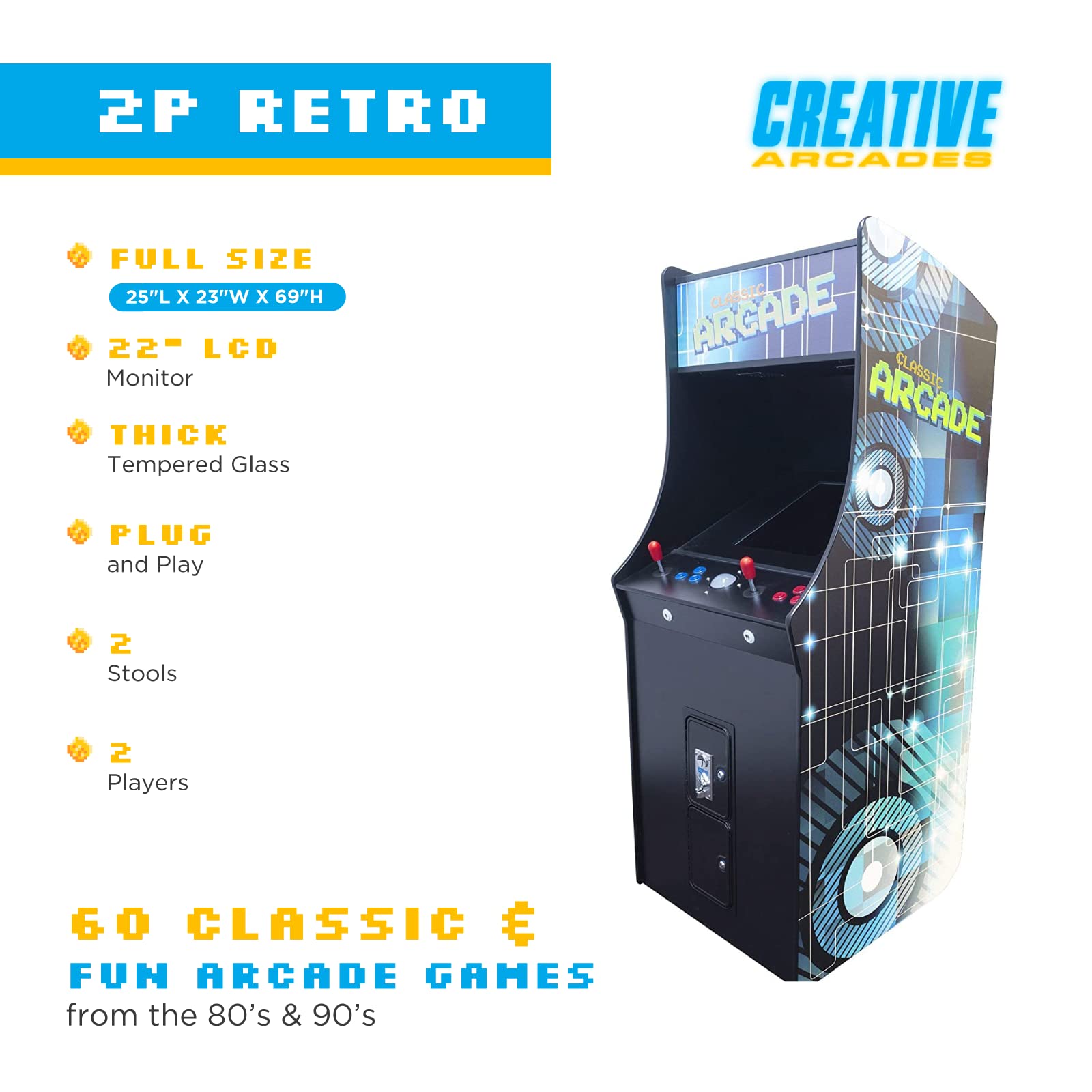 Creative Arcades Full Size Stand-Up Commercial Grade Cabinet Arcade Machine | 2 Player | 60 Classic Games | 22" LCD Screen | 2 Sanwa Joysticks |Trackball | 3 Year Warranty