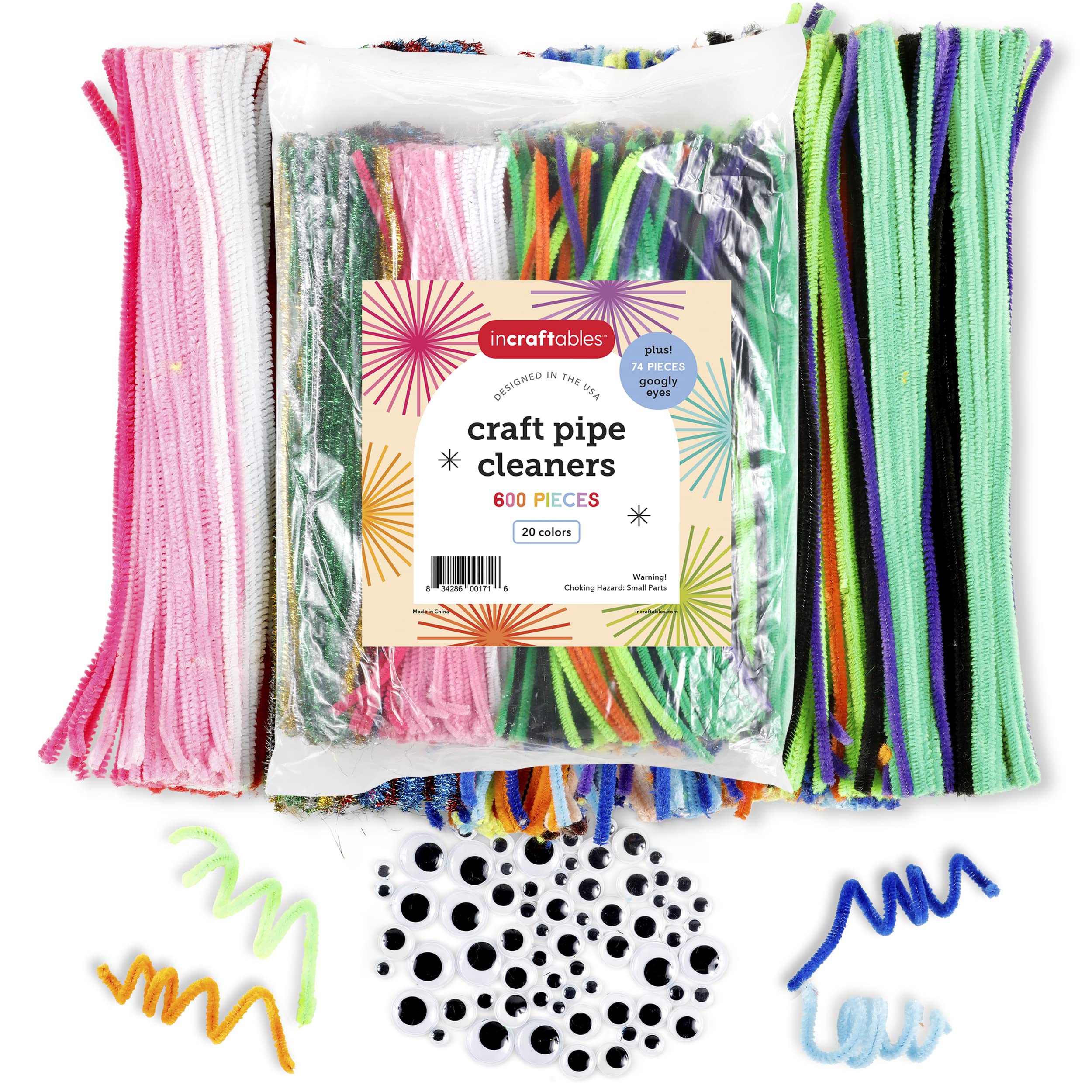 Incraftables 600pcs Pipe Cleaners Craft Supplies Set (20 Colors). Best Thick Fuzzy Chenille Stems Sticks with Googly Eyes. Colorful & Assorted Bulk Pipecleaners for DIY Arts & Crafts (12 inch Long)