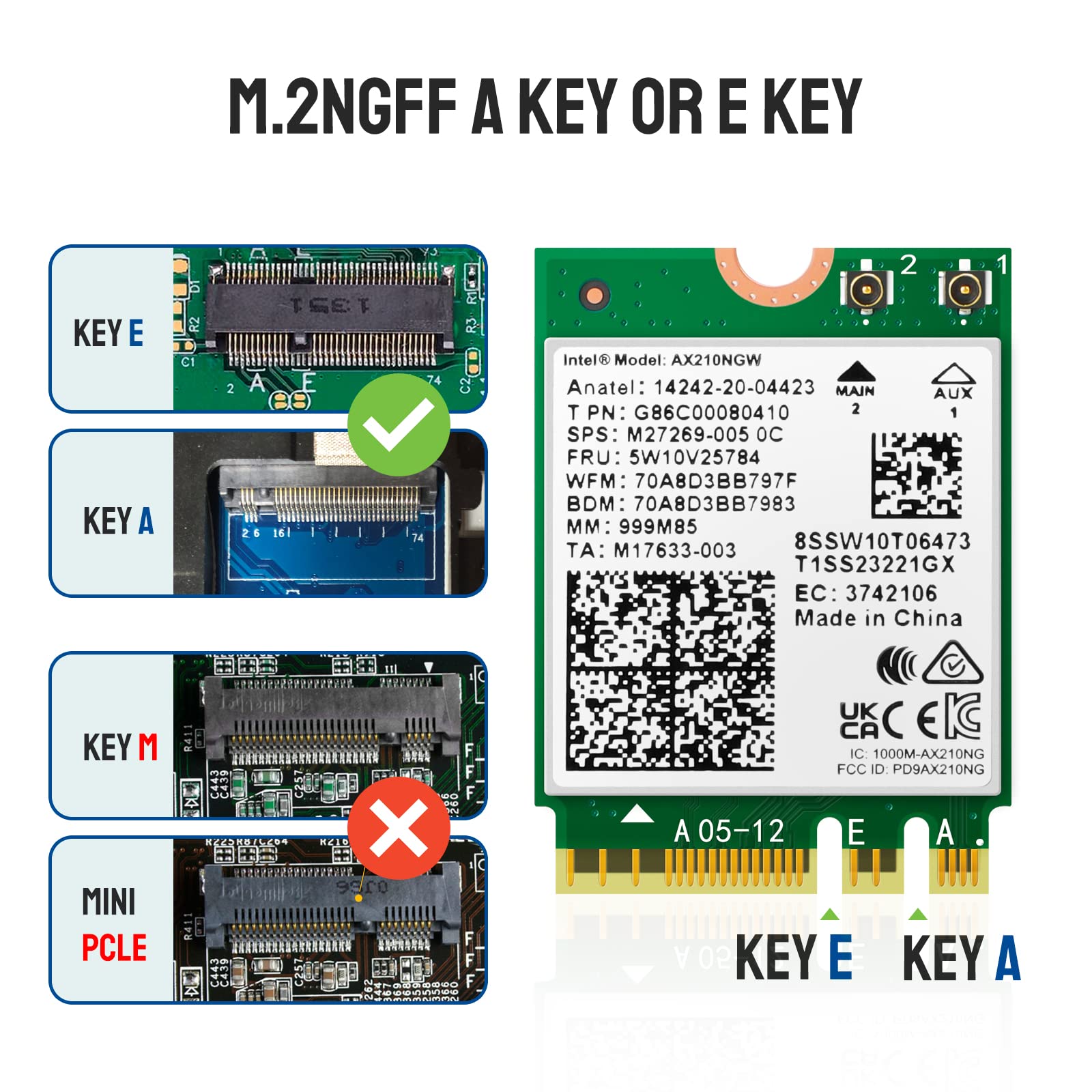 ALLONWAY AX210NGW WiFi Card, IntelWi-Fi 6E 802.11ac/ax WiFi 6e Module Expand to 6GHz MU-MIMO Tri-Band Internal Network Card with Bluetooth 5.2 for Laptop and PC, M.2/NGFF, Support Windows 10/11 64bit