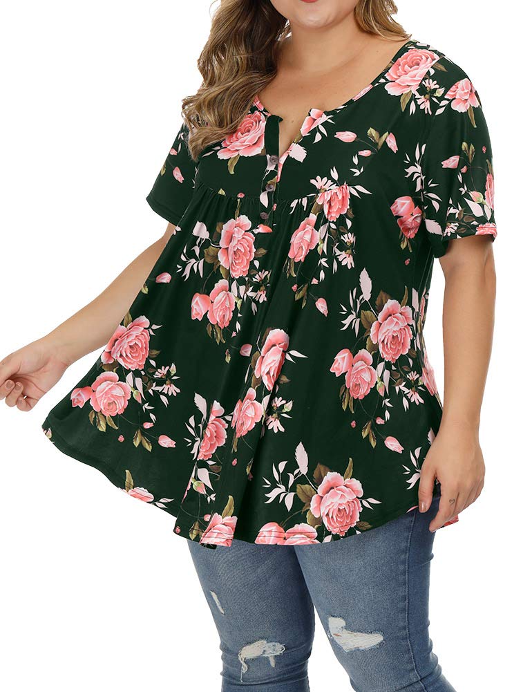 ALLEGRACE Women's Plus Size Floral Blouses Henley V Neck Button Up Tunic Tops Ruffle Flowy Short Sleeve T Shirts P53 White-Leaf Flower Dark Blue 2X