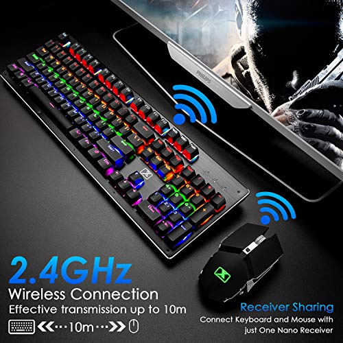 Wireless Gaming Keyboard and Mouse Combo with 104 Key Rainbow LED Backlight Rechargeable 4600mAh Battery Mechanical Keyboard Anti-ghosting Ergonomic RGB Mute Mice for Computer PC Gamer (Blue Switch)