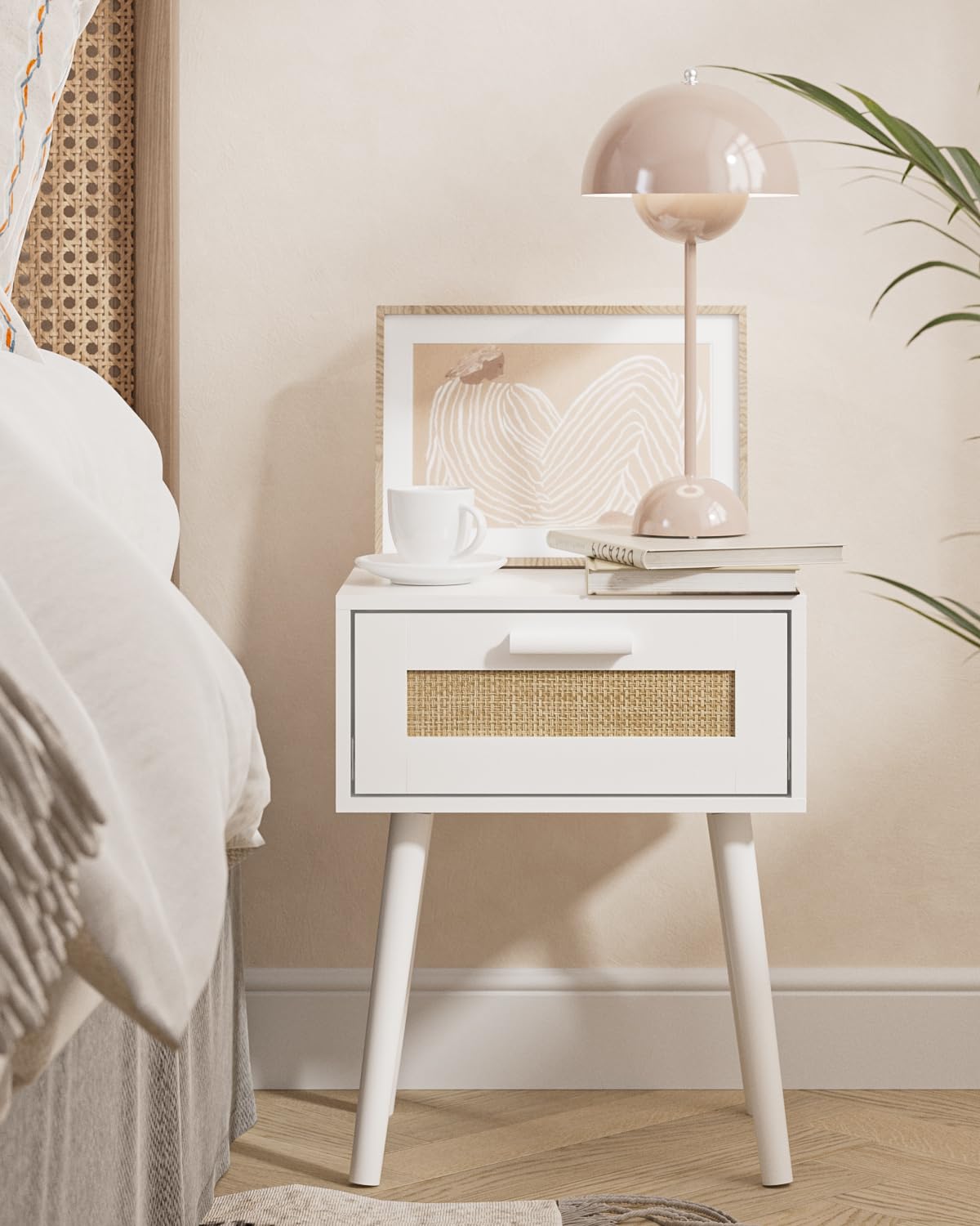 Aobafuir Bedroom Nightstands Wooden Night Stands with Rattan Weaving Drawer Home Bedside End Table for Bedroom Storage, White
