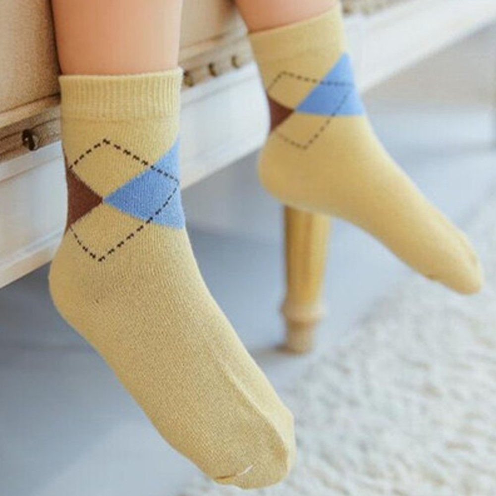 Little Kids Ankle Socks Girl Boys Cotton Cartoon Crew Socks Toddler Stockings Pack of 5, Argyle plaid Patterned, 3-5 Years Old