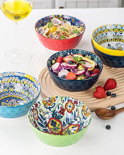 HENXFEN LEAD Ceramic Cereal, Soup Bowls Set of 6-25 Oz Deep Colorful Porcelain Serving Bowls for Dinner, Pasta, Salad, Oatmeal - Bohemian Style