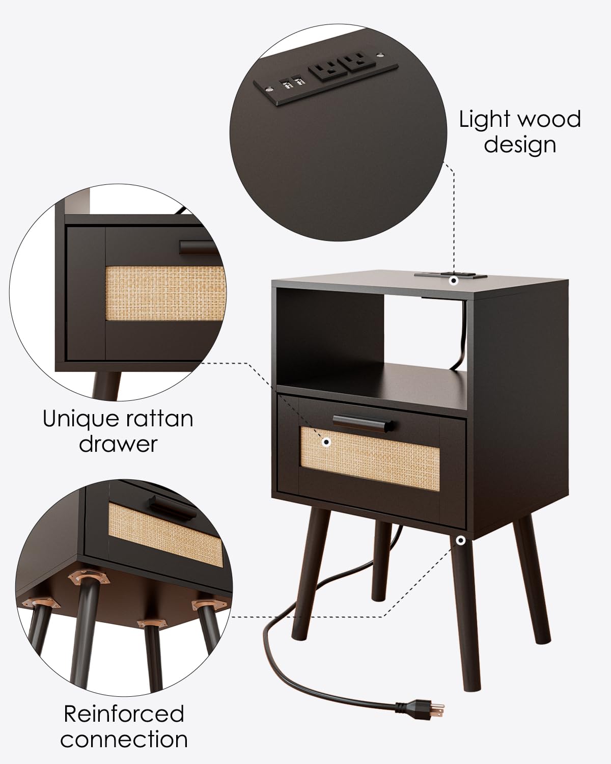 Aobafuir Wood Nightstand, Night Stand for Bedroom, Bedside Table with Drawers, Farmhouse End Table with Storage for Living Room (Modern)