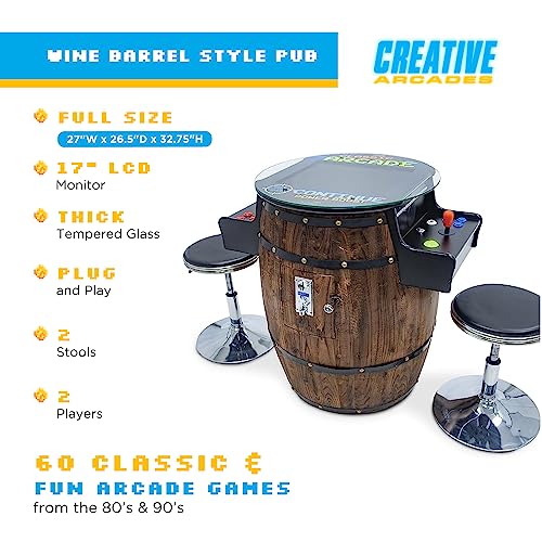 Creative Arcades Full-Size Commercial Grade Wine Barrel Style Pub Arcade Machine | Standard/Medium/Large | Classic Games | 2 Sanwa Joysticks | 2 Stools (Medium, 412 Game, 19" Screen, Wood Finish)