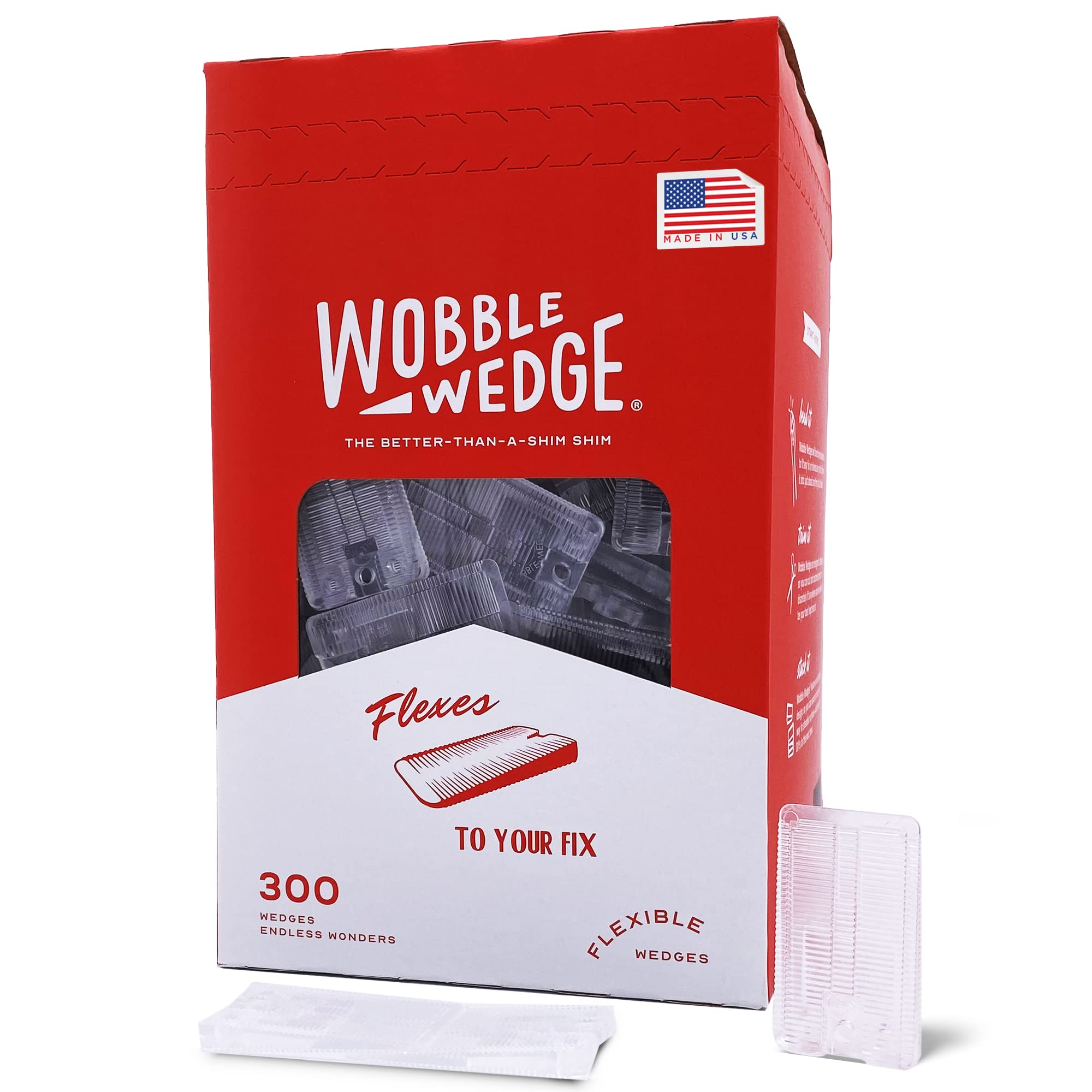 Wobble Wedges Flexible Plastic Shims, 300 Pack - MADE IN USA, Multi-Purpose Shim Wedges for Home Improvement & Work - Plastic Wedge, Table Shims for Leveling, Toilet Shims & Furniture Levelers - Clear