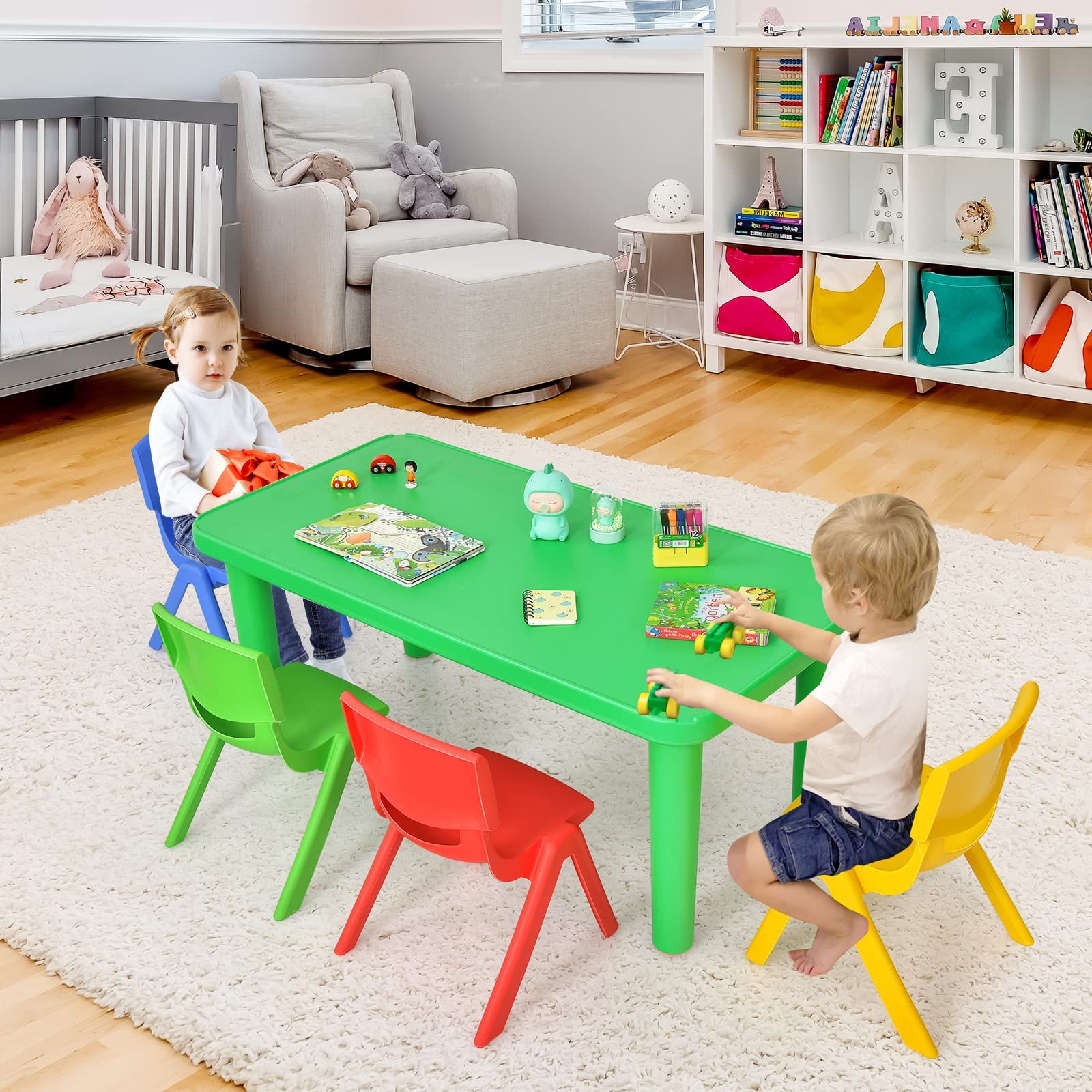 KOTEK Rectangular Kids Activity Table, Lightweight Plastic Table for Art, Craft, Homework, Snack Time, Square Children Table for Playroom, Daycare, Preschool (Green)