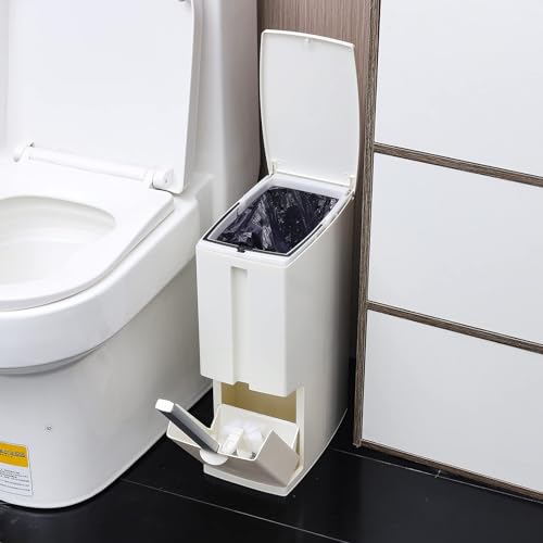 Bathroom Trash Can with Toilet Brush Holder,2.1 Gallon Dogproof Garbage Can with Press Top Lid Slim Plastic Waste Bin with Lid,Rectangular Modern Waste Can for Bathroom RVs Dorm Motorhome,White