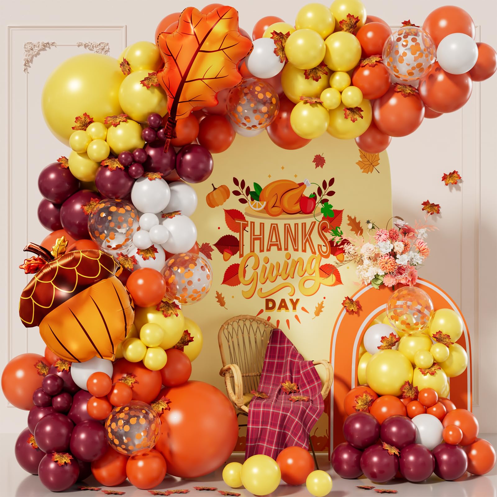 AobkDeco 189 pcs Fall Balloons Garland Arch Kit Fall Decorations Orange Burgundy White balloons for Thanksgiving Autumn Little Pumpkin Baby Shower Decorations with Fall Maple Leaves