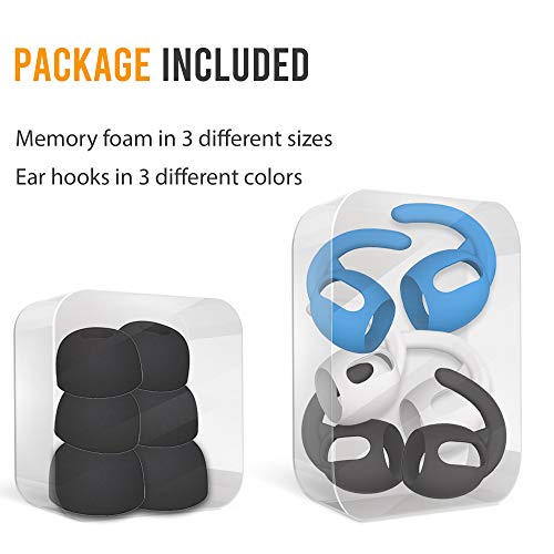 CANOPUS Replacement Earbud Tips and Ear Hooks, 3 Pairs of Black Anti-Slip Memory Foam Tips (S, M, L) + 3 Pairs (White, Black & Blue) of Ear Hooks, Compatible with Apple AirPods Pro