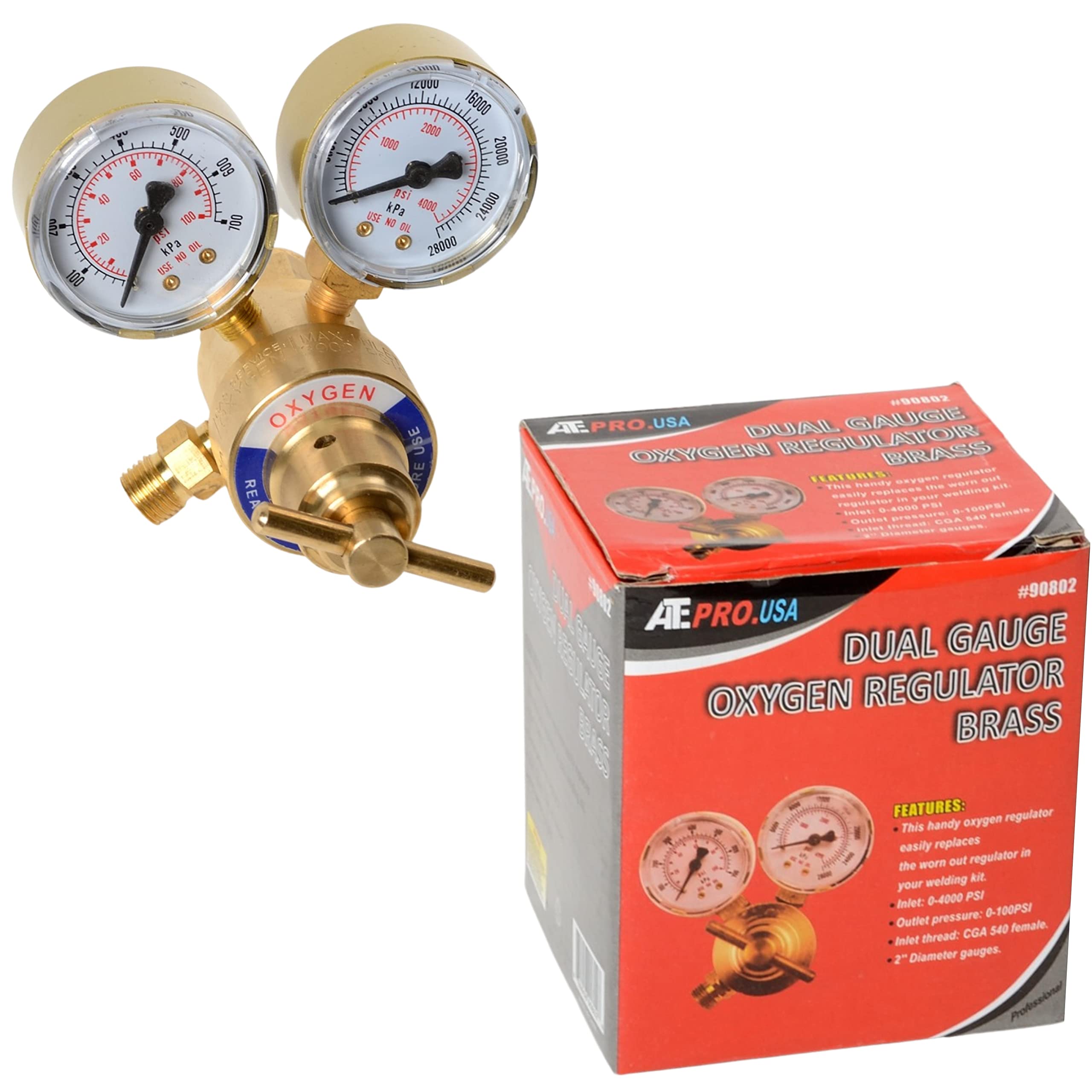 ATE Pro. USA -Dual Gauge Acetylene Brass Regulator and Dual Gauge Oxygen Brass Regulator Combo, Gauges for Victor Gas Torch Cutting Welder Kit