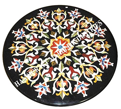 Black Marble Inlay Coffee Table Top, Pietra Dura Dining Table Top, Stone Inlaid Wall Decor, Centre Piece, Piece Of Conversation