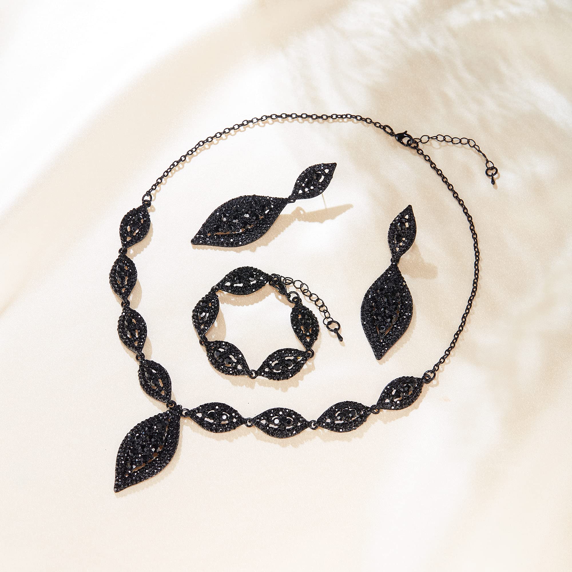 Flyonce Wedding Jewelry Set Rhinestone Crystal Bridal Leaf Necklace Drop Dangle Chandelier Earrings Sets Black Black-Tone