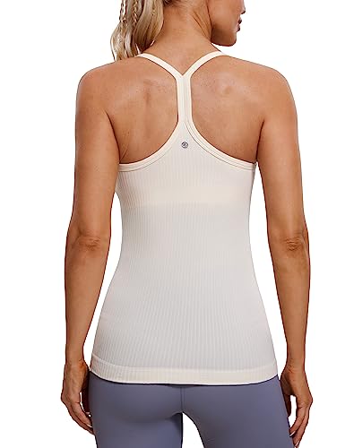 CRZ YOGA Seamless Workout Tank Tops for Women Racerback Athletic Camisole Sports Shirts with Built in Bra White Apricot Medium