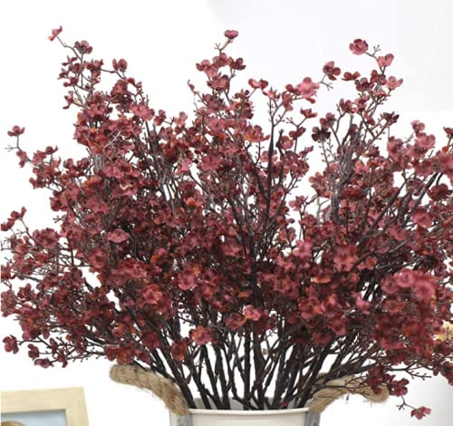 Cratone 6PCS Artificial Hydrangea Babys Breath Fabric Cloth Faux Flowers Fake Silk Plants Real Touch Flower Bouquets for Halloween Wedding Party Home Garden Decor (Autumn Red)