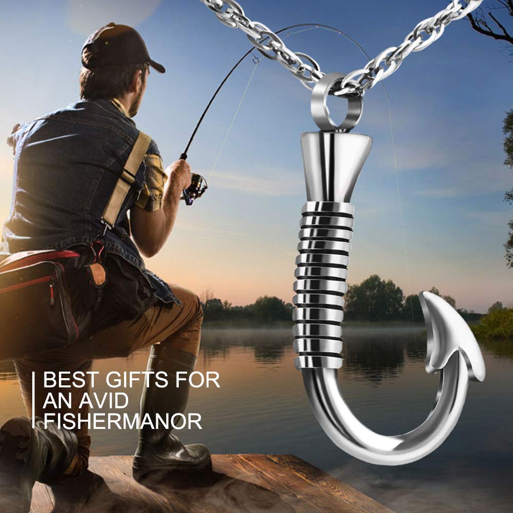 abooxiu Fishing Hook Urn Necklace for Ashes Fish Hook Stainless Steel Cremation Jewelry Memorial Pendant Keepsake for Men(Silver)