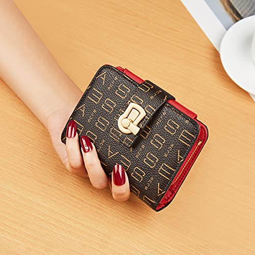 LAORENTOU Vegan Leather Small Wallet for Women PVC Brown Checkered Purse Wallets for Women Mini Trifold Zipper Pocket Wallets Cute (01 Brown)