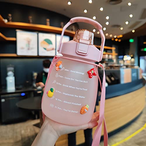 excvalues Kawaii Water Bottle with Strap, Large Capacity Cute Water Bottles with 3D Stickers, Portable Big Belly Bottle for School Outdoor Camping(Pink)