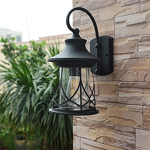 European Outdoor Wall Light Matte Black Fixture 15.7 Inch with Seed Glass Shade Waterproof Outside Wall Mount Garden Home Lamp E27 Sconce for Exterior House Porch Patio Outside