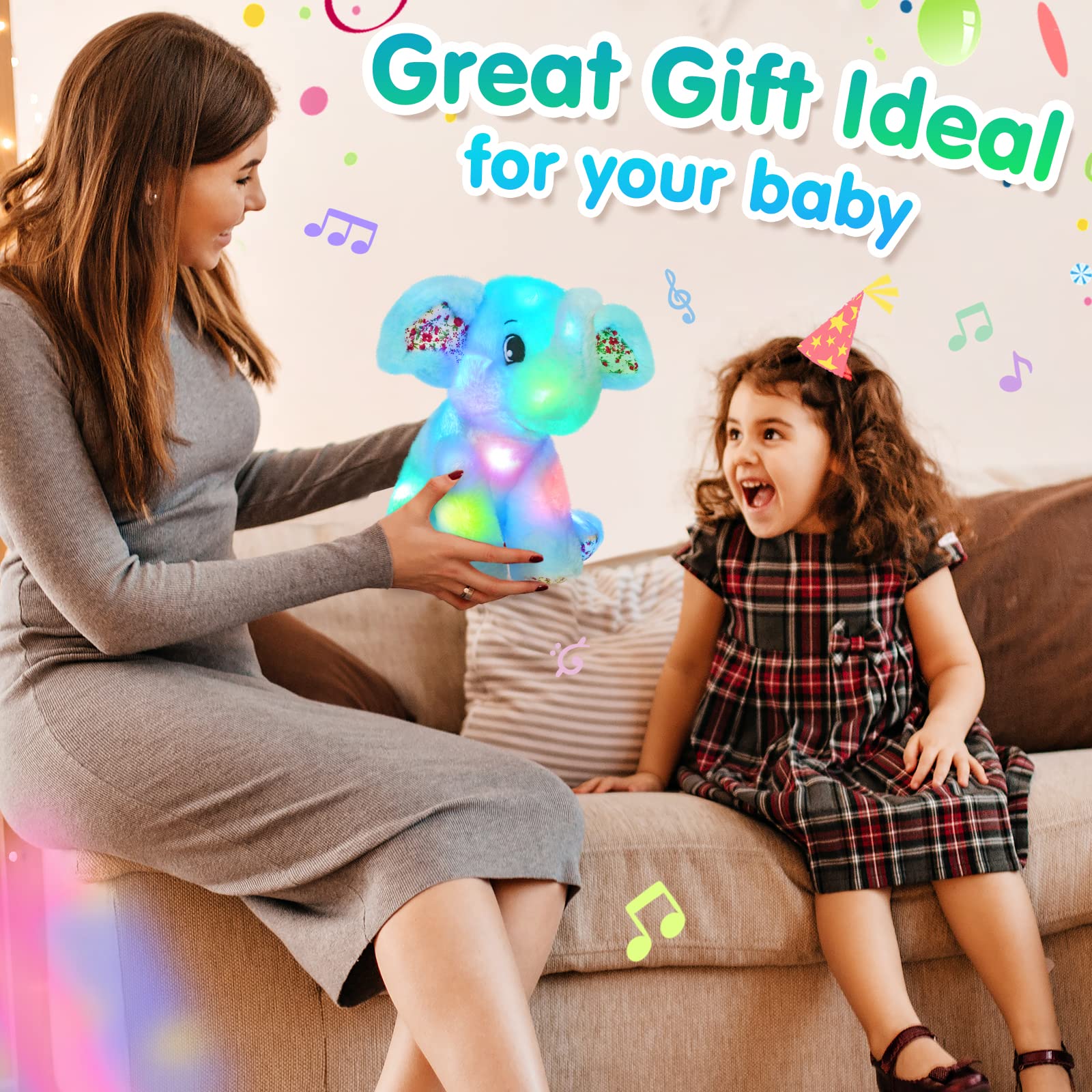 BSTAOFY 12ββ Musical Light Up Elephant Plush Toy Floppy LED Stuffed Animals Lullabies Nightlight Bedtime for Kids Birthday Valentines for Toddlers, Blue