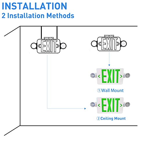Exit Sign and Emergency Lights Combo, Double Face Green Emergency Exit Light, 2 Adjustable Head Lights and 90min Long Backup Battery, ABS Fire Safety (UL Certified 120-277V)(UL 94V-0) (1pack)