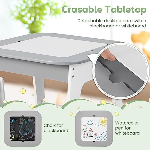 INFANS Kids Table and Chair Set, 3 in 1 Wooden Activity Table with Removable Tabletop, Blackboard and Whiteboard for Toddlers Arts Crafts Drawing Reading Playing, Playroom Nursery