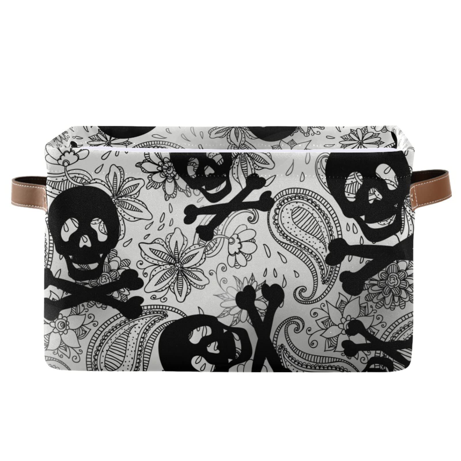 Large Foldable Storage Basket Skull Black Gothic Storage Bin Canvas Toys Box Fabric Decorative Collapsible Organizer Bag with Handles for Bedroom Home
