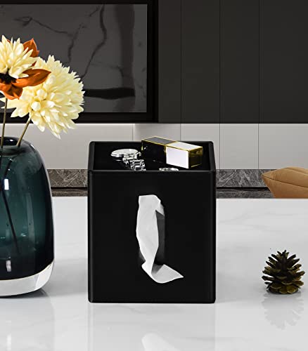 GOLRANLYE Tissue Box Cover Square Multifunctional PU Leather Facial Tissue Box Holder for Dresser Bathroom Decor (Black)