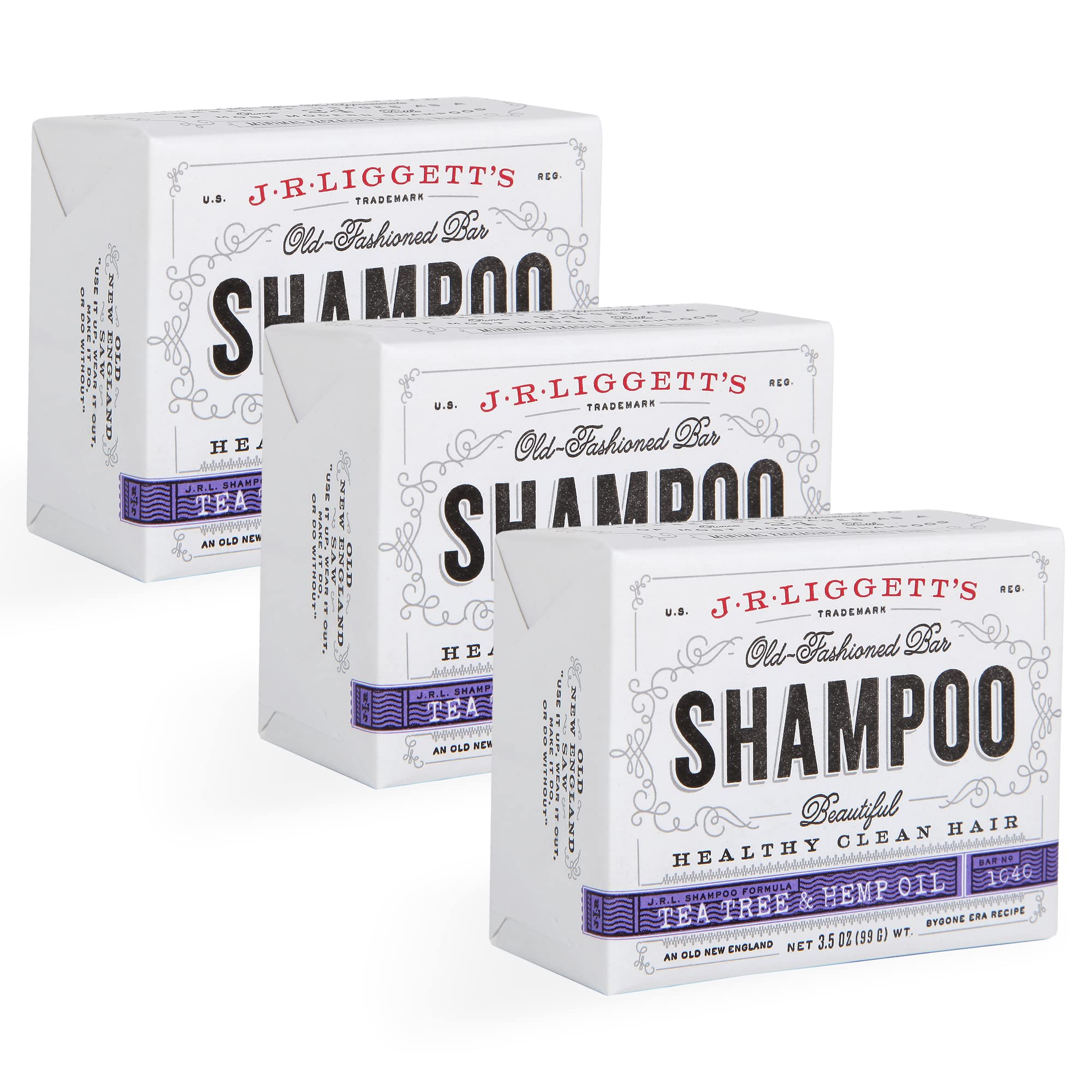 JĀ·RĀ·LIGGETT'S All-Natural Shampoo Bars - Tea Tree & Hemp Oil Formula, Strong and Healthy Hair, Nourish Follicles with Antioxidants & Vitamins, Detergent and Sulfate-Free, Set of Three, 3.5 Ounce Bars