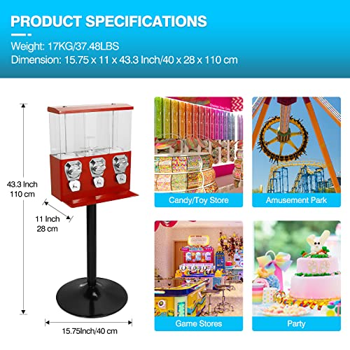 IRONWALLS Commercial Candy Vending Machines for Business, Red 3-Compartment Candy Gumball Vending Machine with Stand, Coin Operated Metal Candy Dispenser Vending Machine for 1”-1.3” Candies