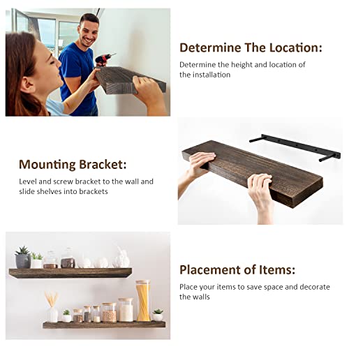 Floating Shelves for Wall Set of 2, Rustic , 24 Inch, Natural Dark Wood ,Farmhouse, Thick Floating Shelf for Bathroom, Bedroom, Kitchen, Living Room, Office