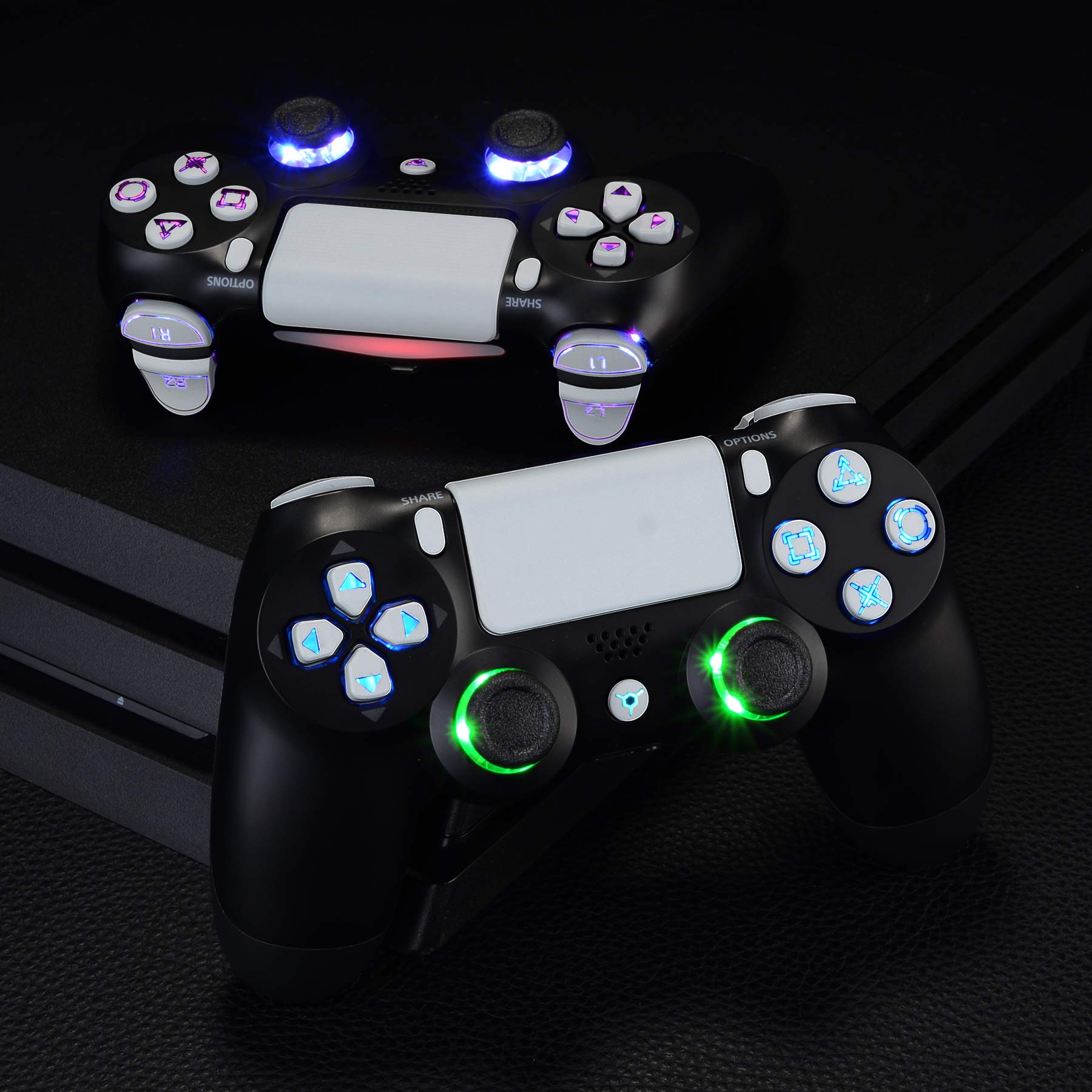 eXtremeRate 7 Colors 9 Modes Button Control DTFS (DTF 2.0) LED Kit, Scarlet Red Classical Symbols Multi-Colors Luminated D-pad Thumbsticks Face Buttons for PS4 Controller - Controller NOT Included
