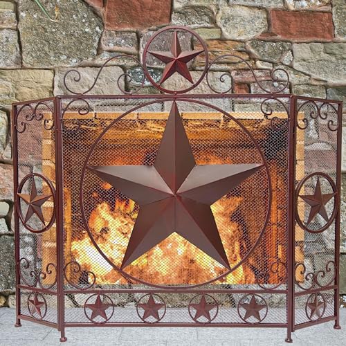 BestGiftEver 3-Panel Fireplace Screen Decorative with Rustic Brown Star Detail - Stand Alone Fireplace Cover Metal Mesh Screen - Home Decor for Cabin, Lodge, and Rustic Country Style Firescreen